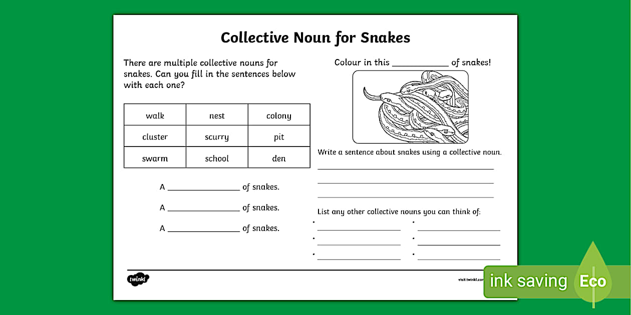 Collective Noun - Snakes Worksheet (teacher made) - Twinkl