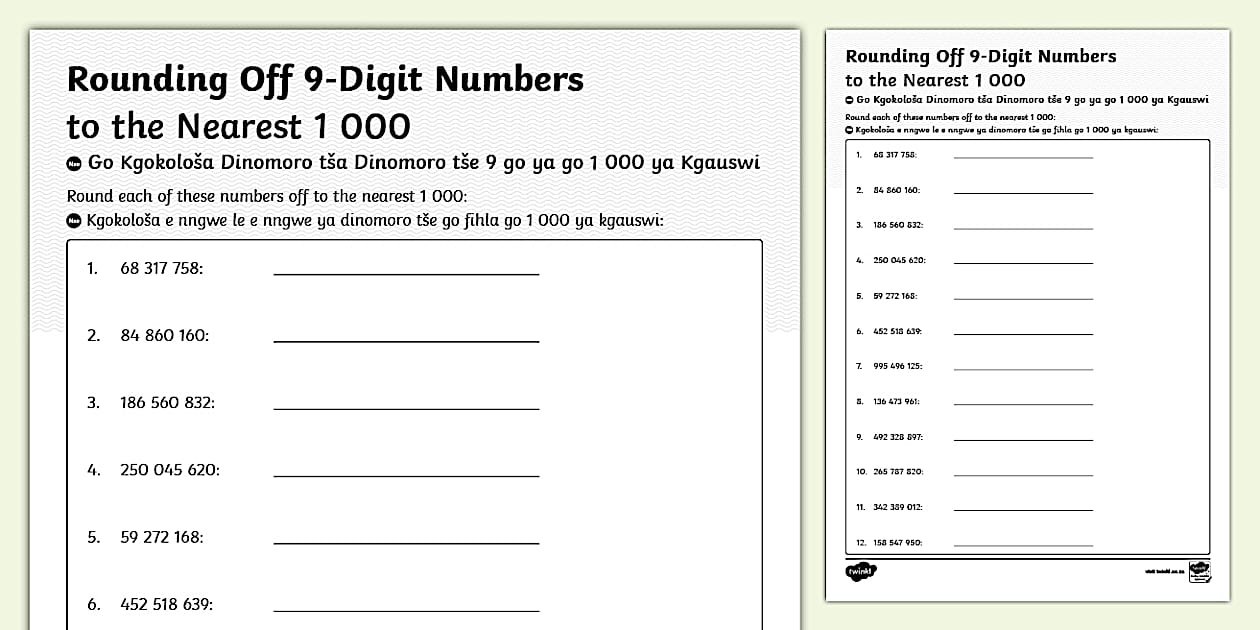 Rounding Off 9-Digit Numbers to the Nearest 1 000 Activity Sheet Sepedi