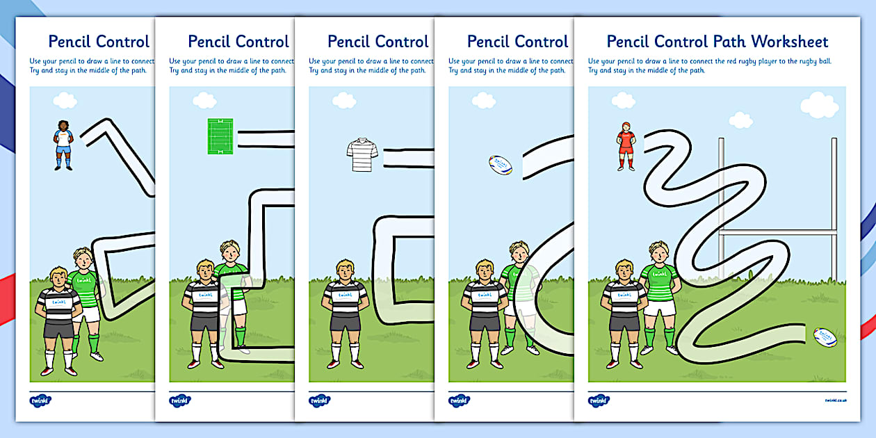 Black and White Rugby Pencil Control Path Worksheets