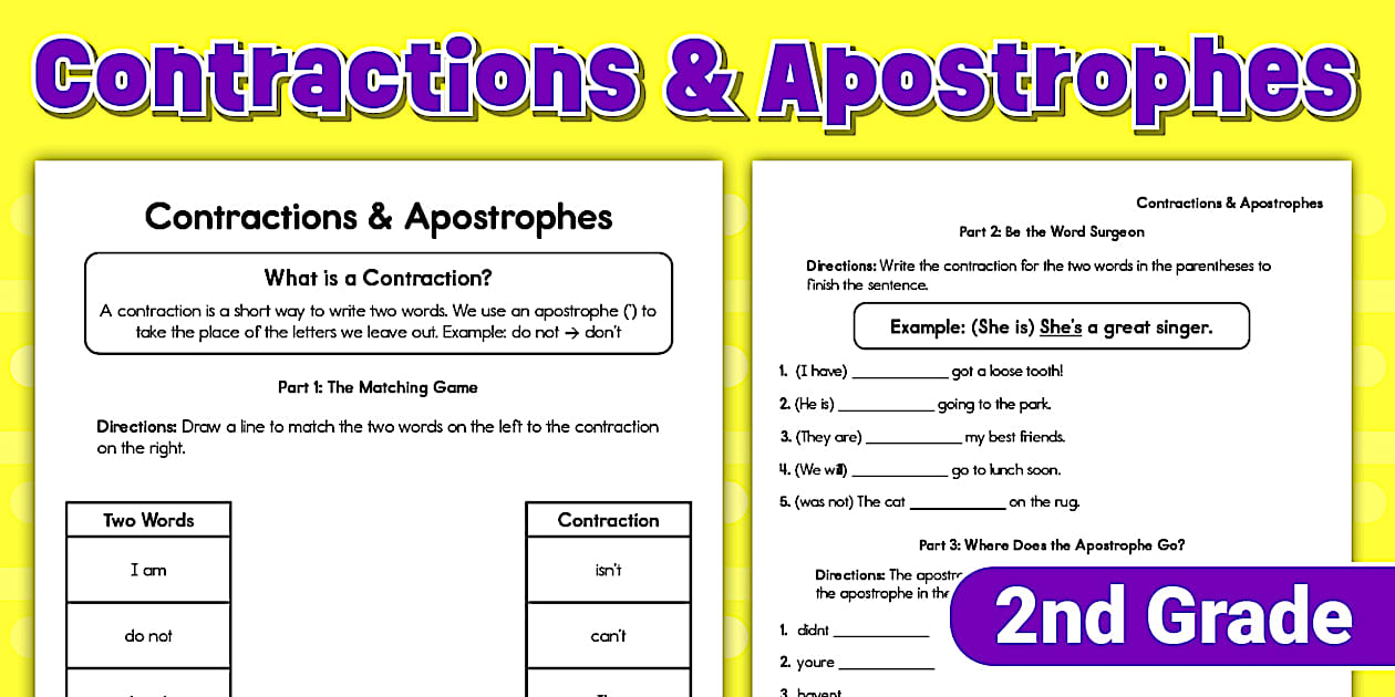 Second Grade Contractions & Apostrophes Worksheet