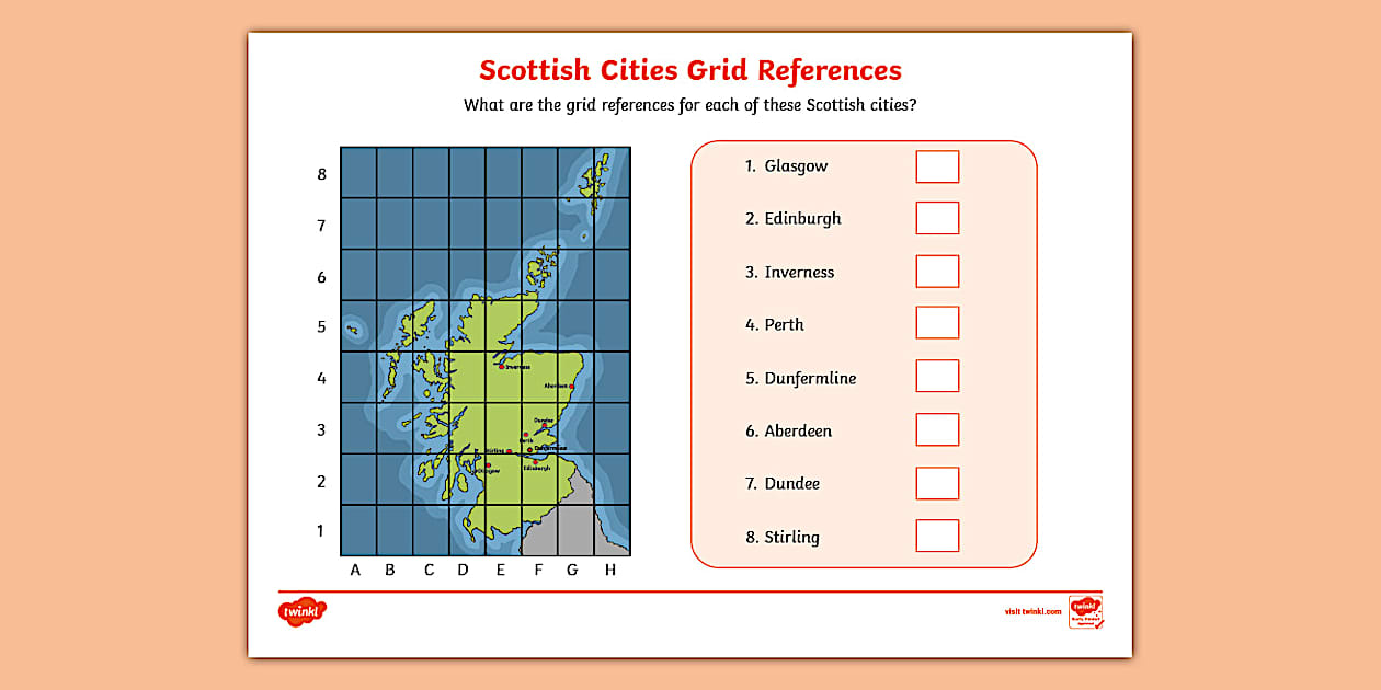 Scottish Cities Grid References Activity Sheet - Twinkl