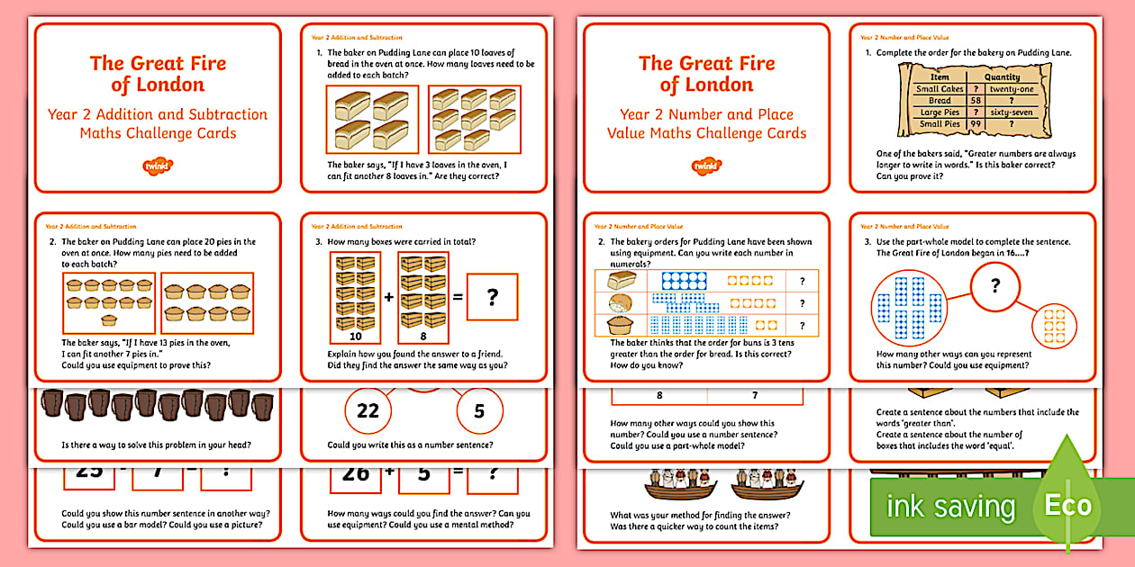 Editable Year 2 The Great Fire of London Maths Challenge Cards