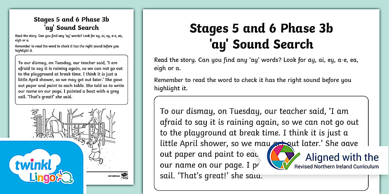 Northern Ireland Linguistic Phonics 3b 'ay' Sound Search Worksheet