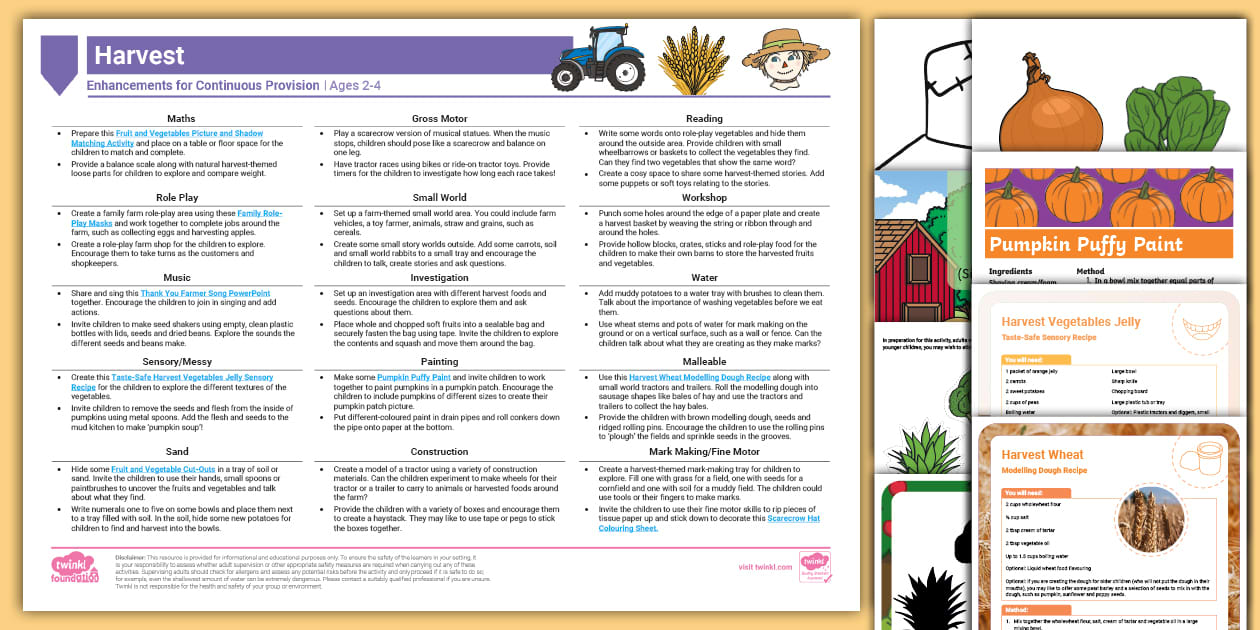 EYFS Harvest Continuous Provision Planning Ideas (Ages 2-4)