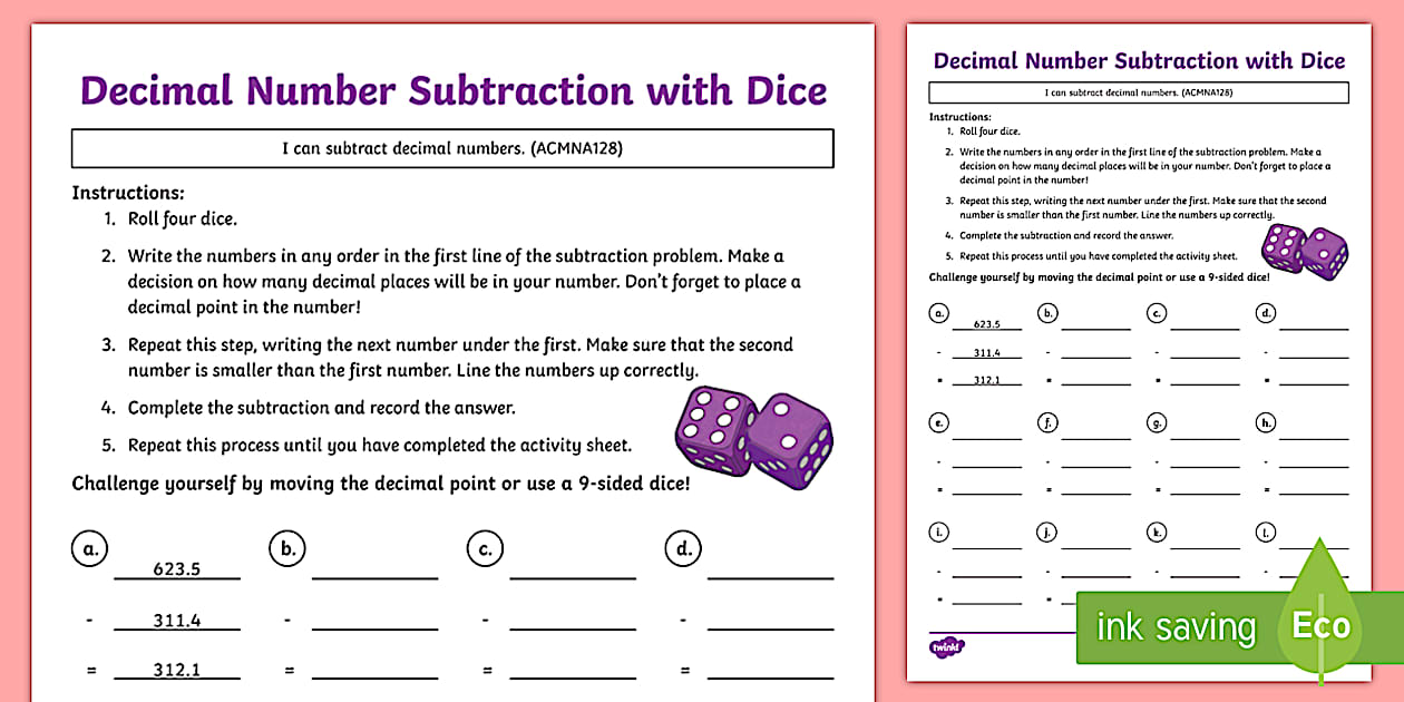 Decimal Number Subtraction with Dice Worksheet - AC9M6N04
