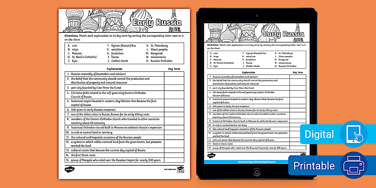 Early Russia Matching Worksheet for 6th-8th Grade - Twinkl