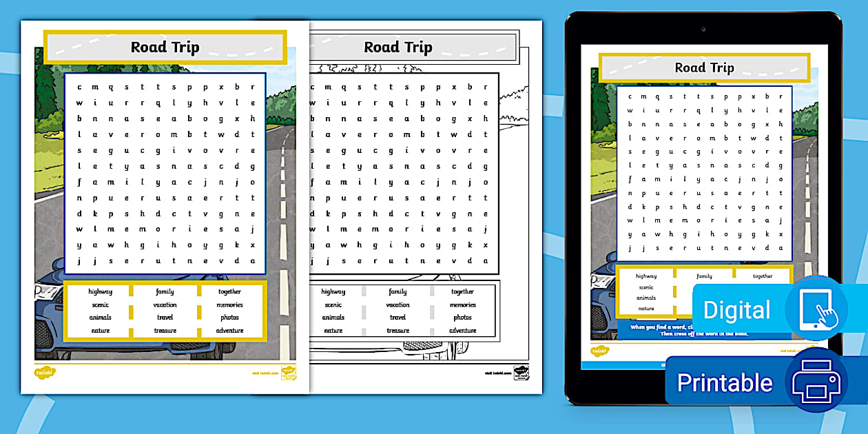 Road Trip Word Search for 3rd-5th Grade - Twinkl