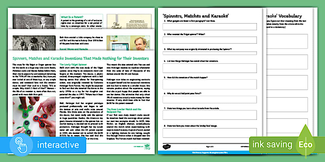 Spinners, Matches and Karaoke Differentiated Reading Comprehension Activity