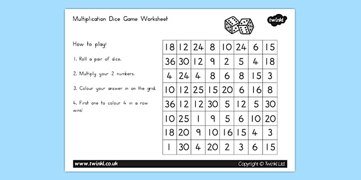 Multiplication Dice Game Worksheet (Teacher-Made) - Twinkl