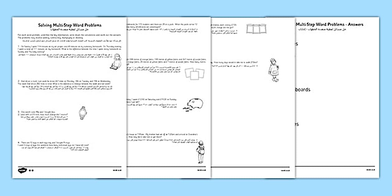 Higher Ability Differentiated 2 Step Maths Word Problems Arabic Translation