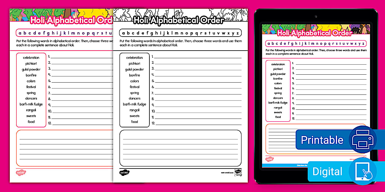 Holi Alphabetical Order Worksheet for K-2nd Grade - Twinkl