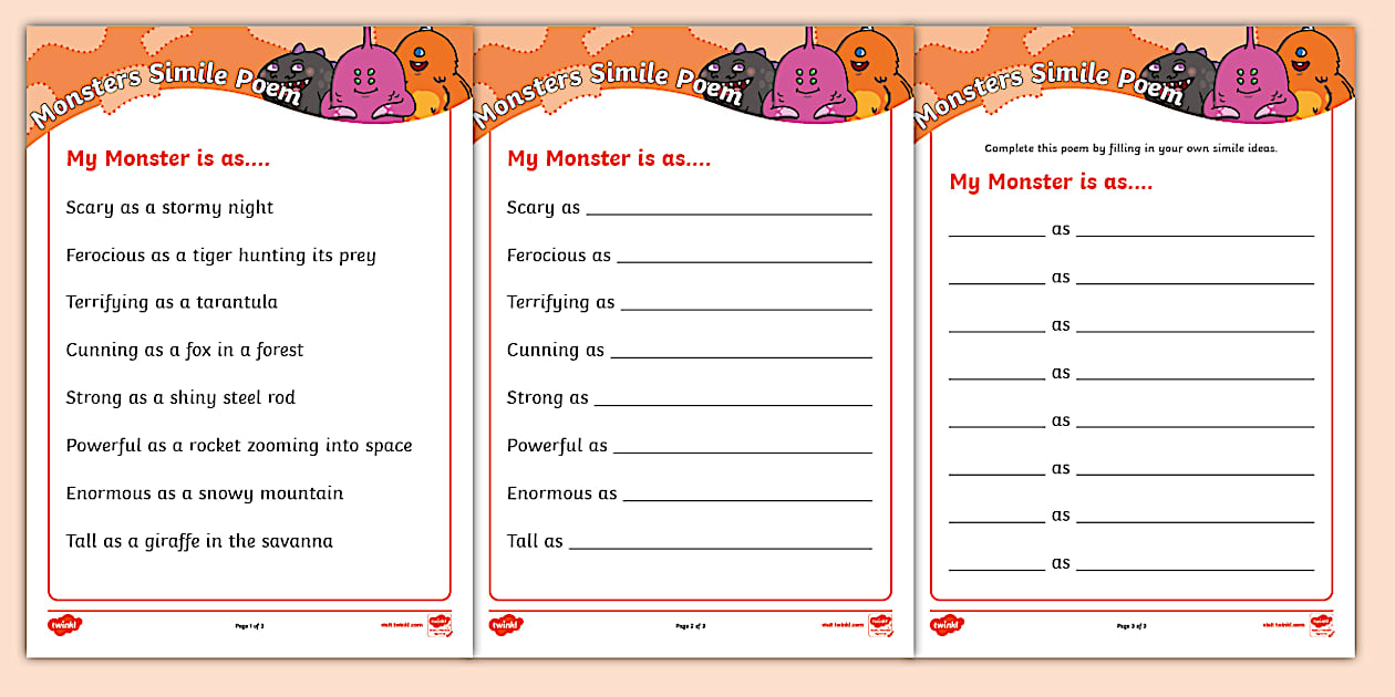 Monsters Simile Poem Example and Template (teacher made)