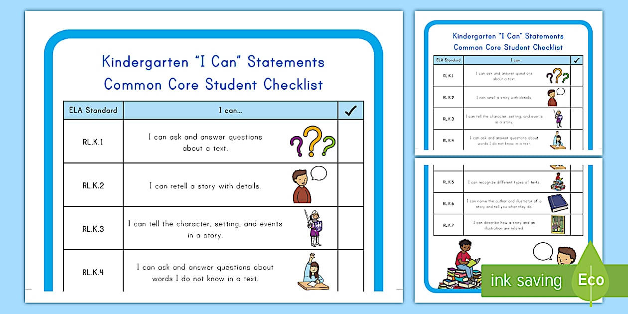 Kindergarten "I Can" Statements Common Core Student Checklist Large Posters