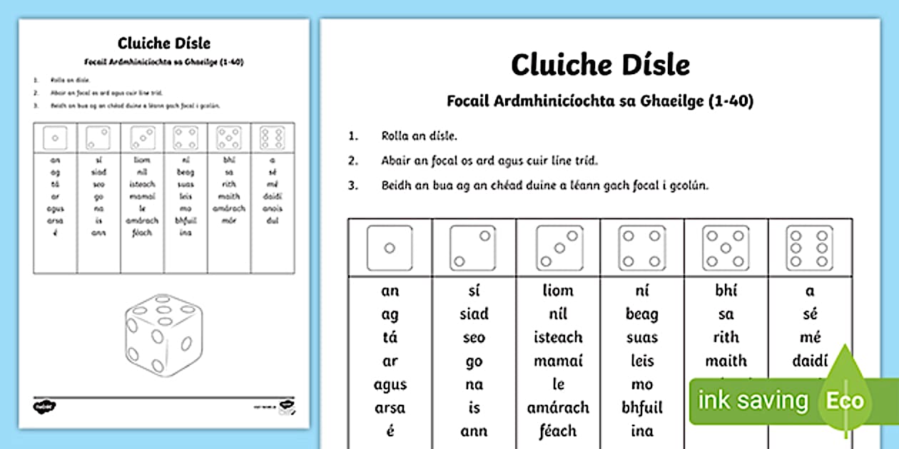 High Frequency Words Dice Game Gaeilge (teacher made)