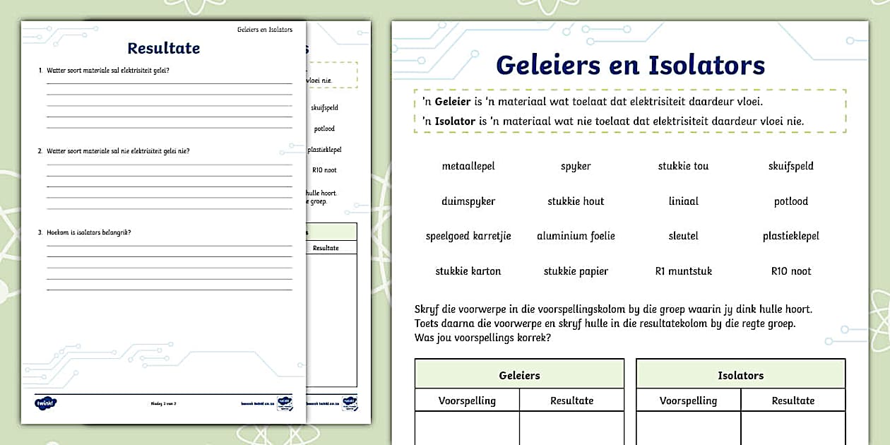 Graad 6 NW/Tegnologie Kwartaal 3: Geleiers en Isolators Aktiwiteitsblad ...