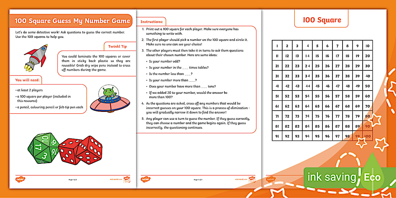 100 Square Guess My Number Game (Ages 5 - 11) (teacher made)