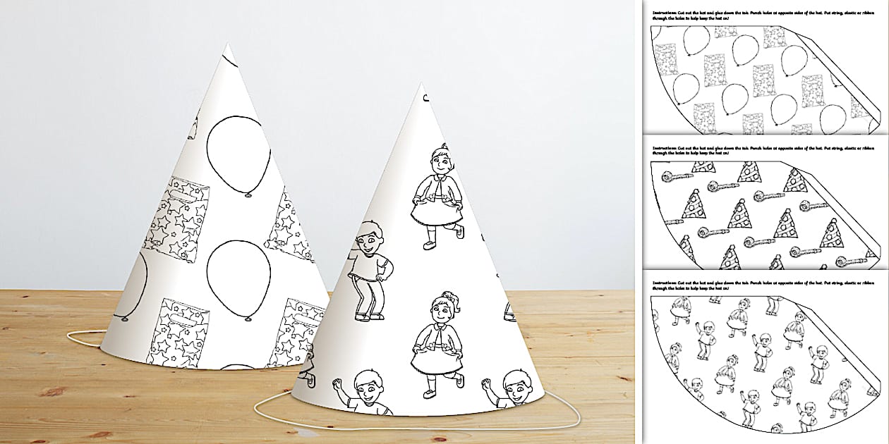 Birthday Celebration Colouring Party Hats | Twinkl Party