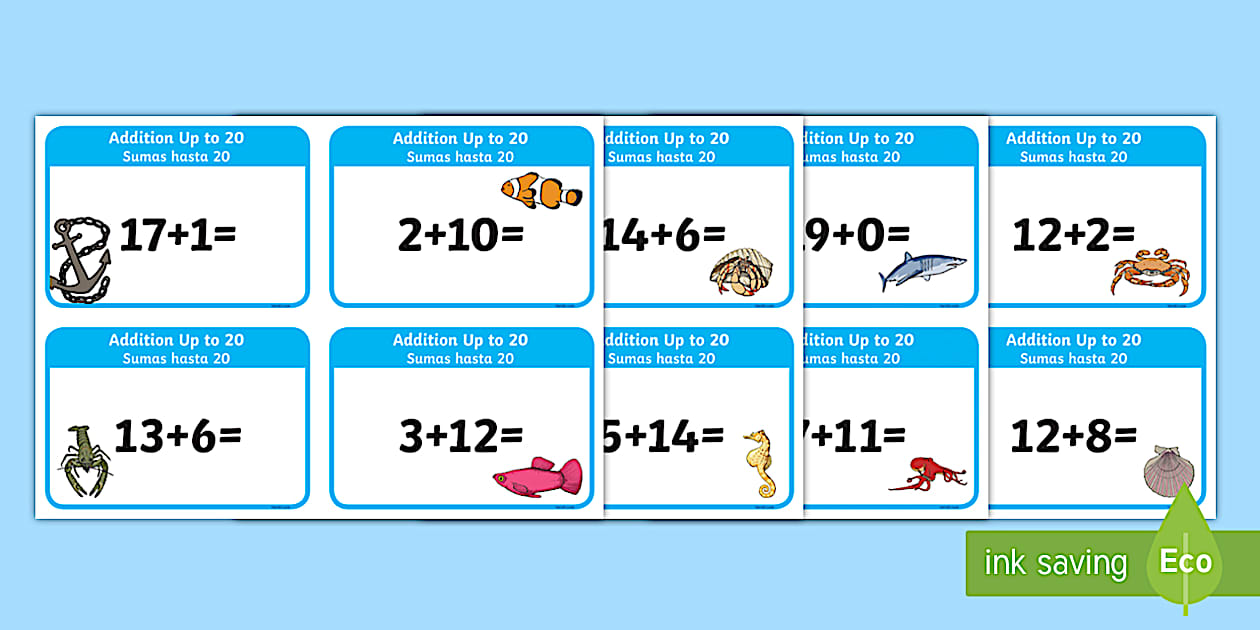 Addition up to 20 Cards English/Spanish - EAL, Addition up to 20 Cards