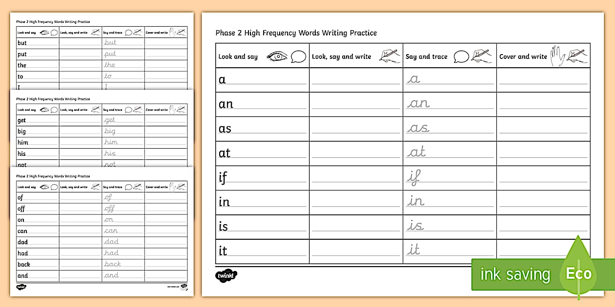 SA Phase 2 High Frequency Words Writing Practice Worksheets