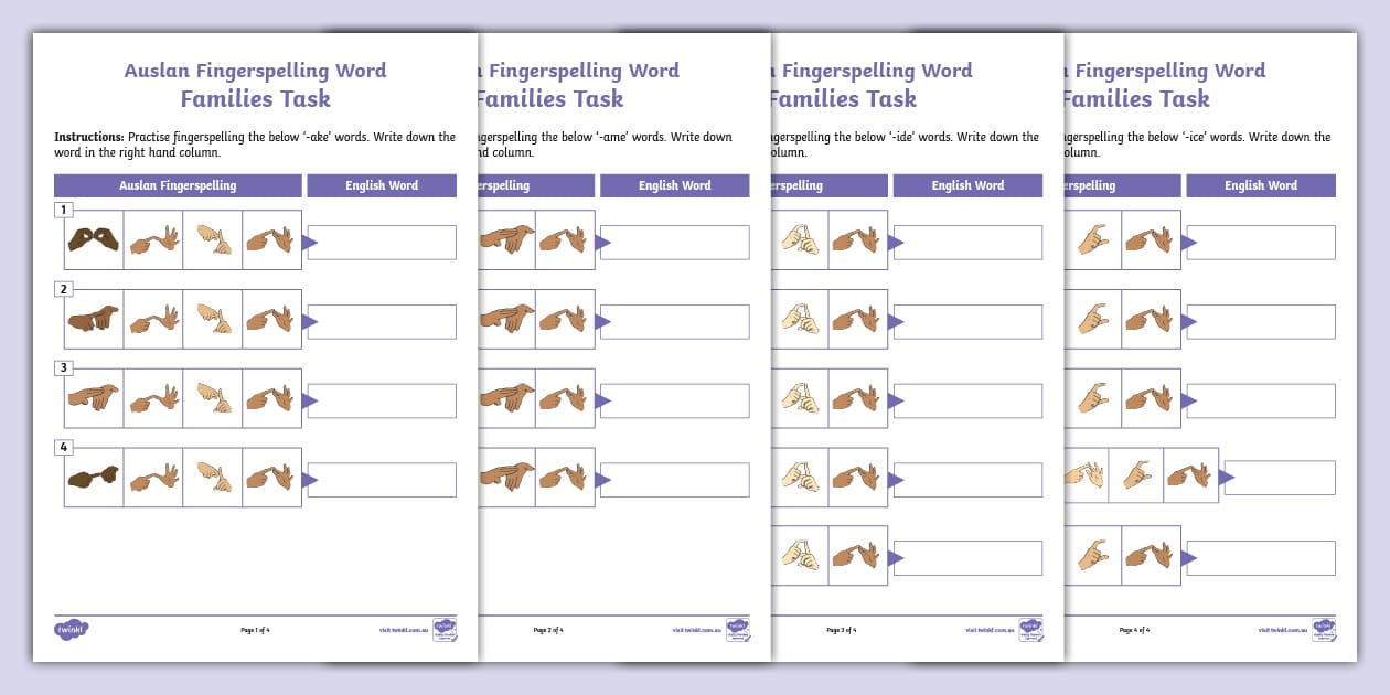 Auslan Fingerspelling Word Families Task - Twinkl