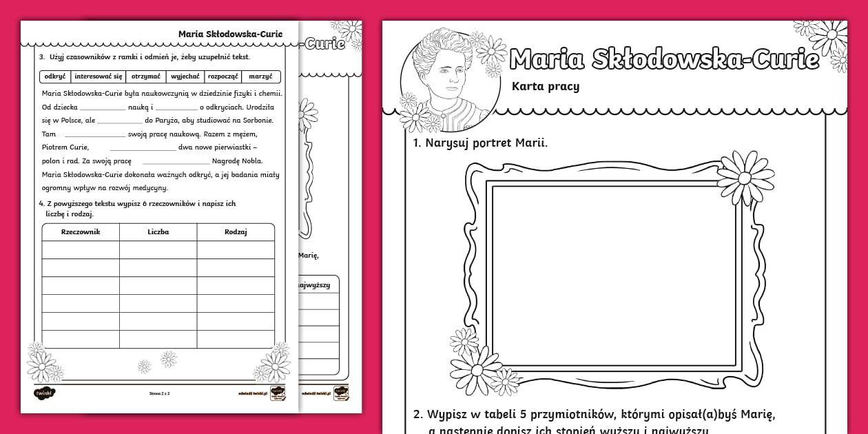 Maria Skłodowska-Curie | Karta pracy | Pionierki - Twinkl