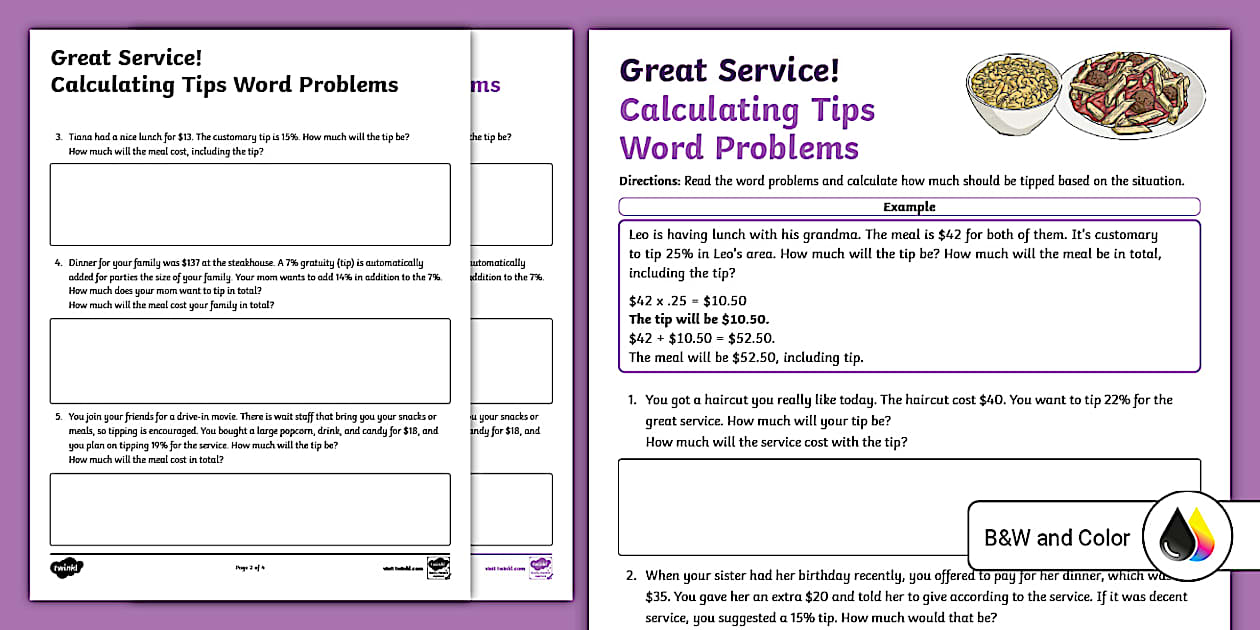 Calculating Tip Worksheet | 5th Grade Resource | Twinkl USA
