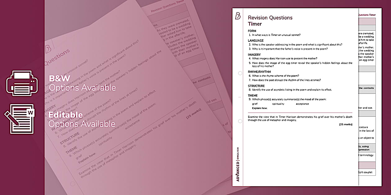Post-1900 Poetry: Timer Revision Questions (teacher made)
