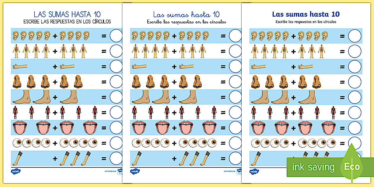 Ficha de actividad: Las sumas hasta 10 - Mi cuerpo - Twinkl