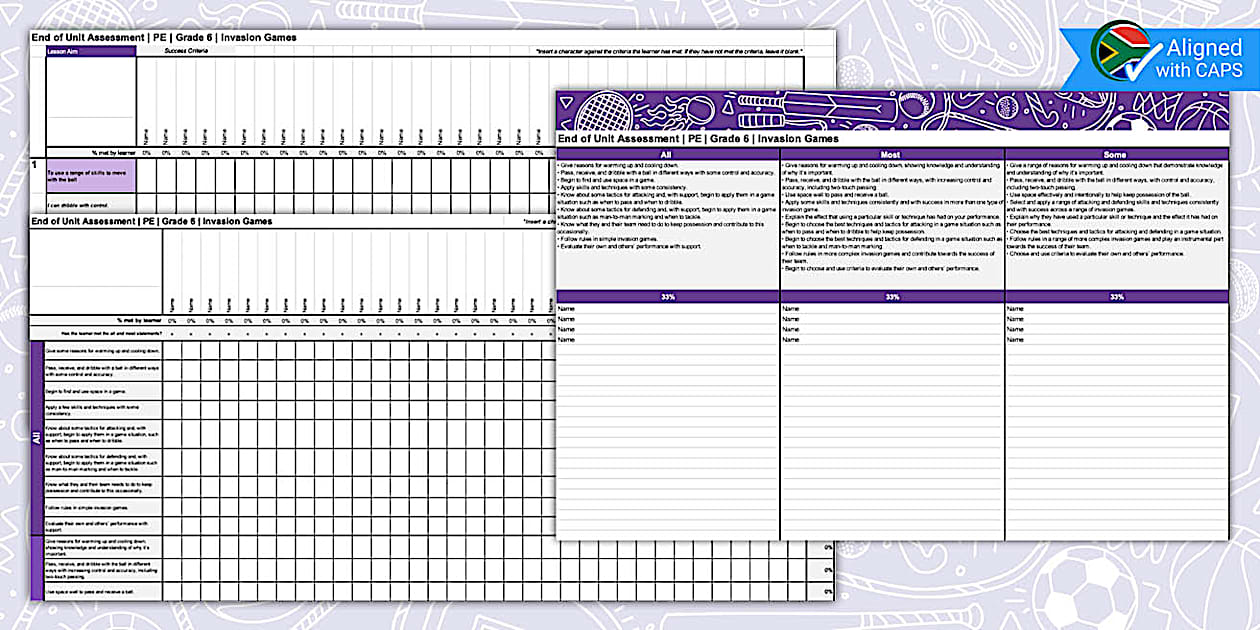 Grade 6 Physical Education Invasion Games Assess Spreadsheet