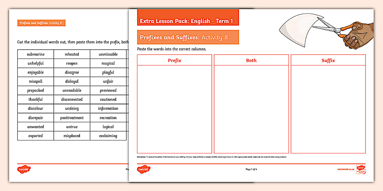 Gr 4 Extra English: Prefix and Suffix: Cut and Stick