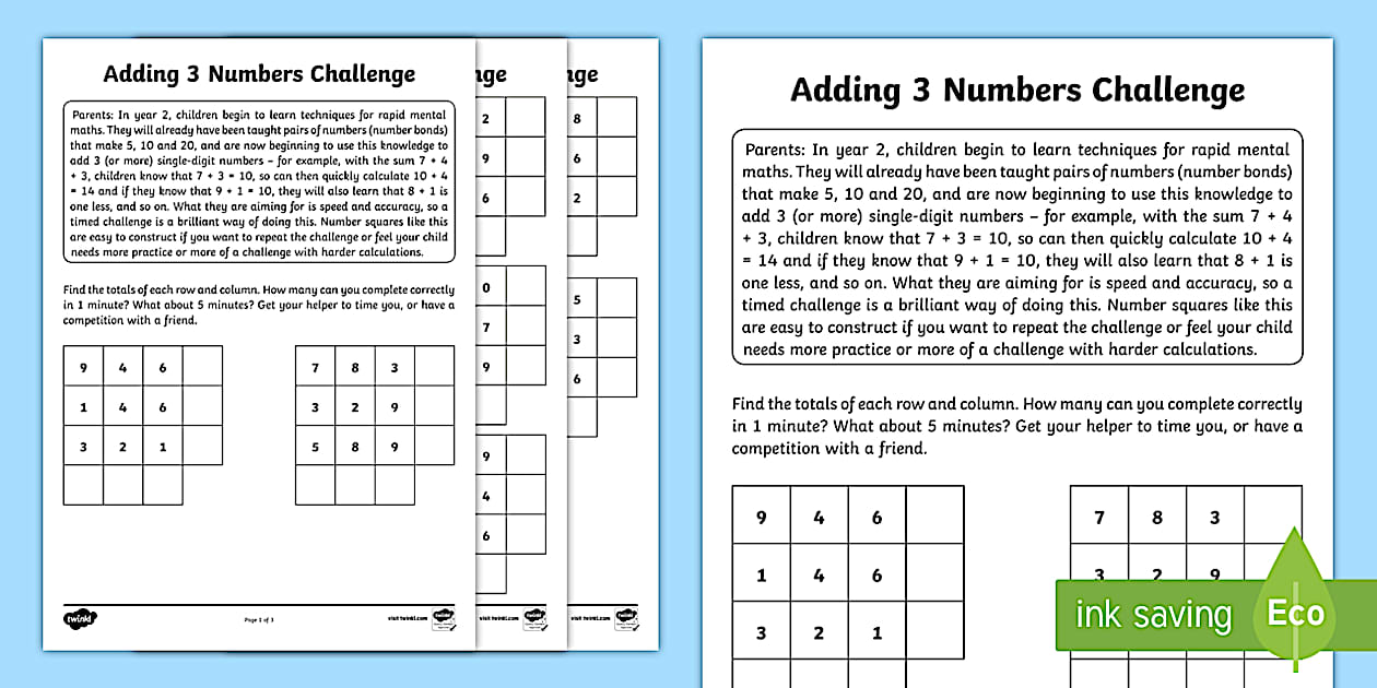 Year 2 Maths Adding 3 Numbers Homework Worksheet / Worksheet