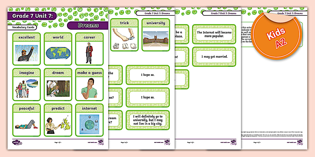 Turkey Curriculum English Vocabulary Cards: Grade 7 Unit 7 (Dreams)