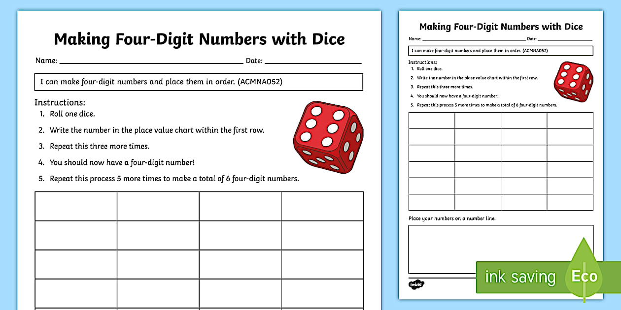 Editable Making Four-Digit Numbers with Dice Open-Ended Place Value ...