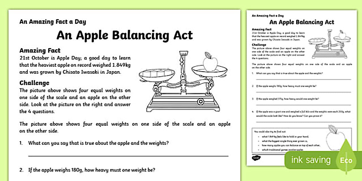 Editable An Apple Balancing Act Worksheet - Twinkl