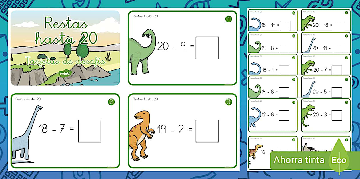 Tarjetas de desafío: Restas hasta 20 - Dinosaurios