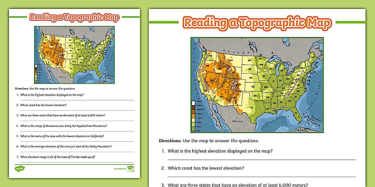 Fifth Grade Topographic Map Reading Worksheet - Twinkl