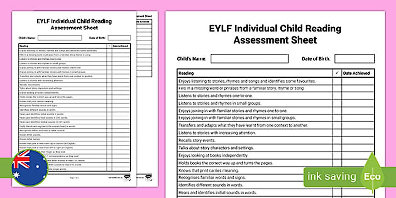 EYLF Individual Child Reading Assessment Sheet - Twinkl