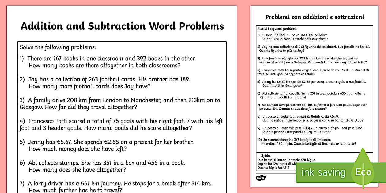 Addition and Subtraction Word problems Worksheet / Worksheet English ...