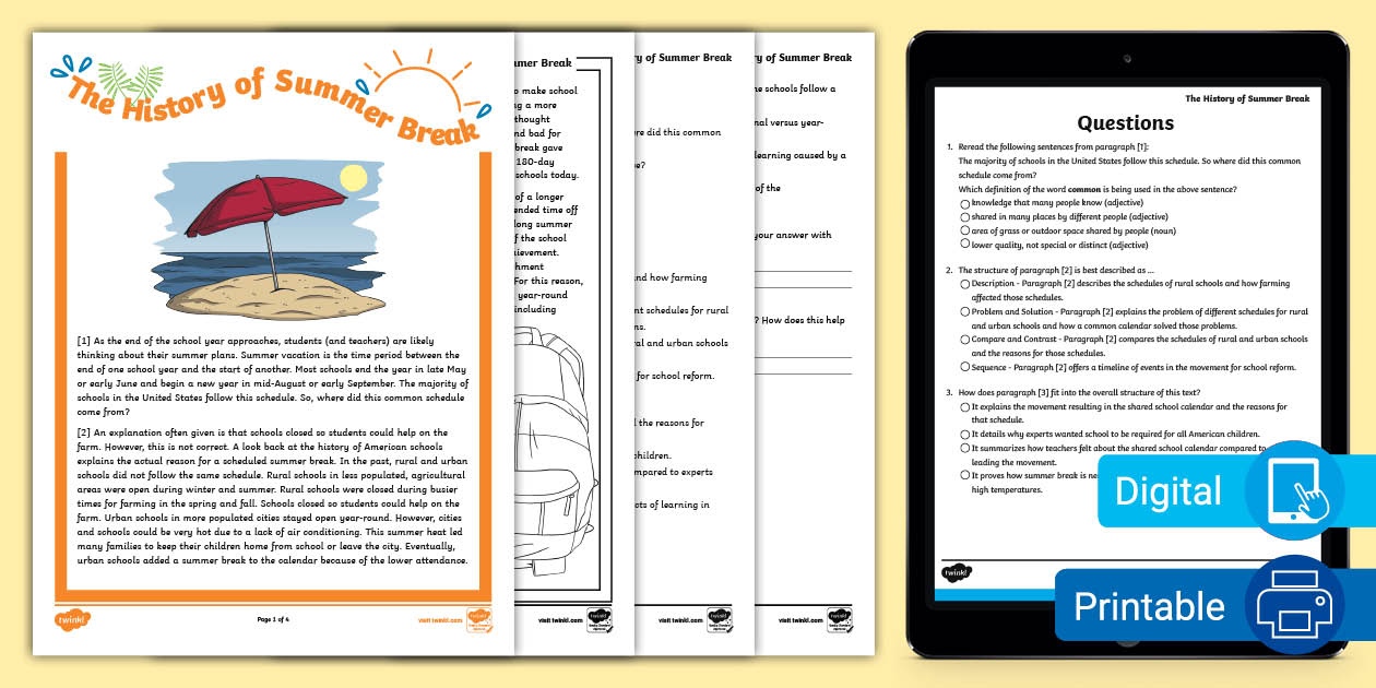 Sixth Grade History of Summer Break Craft & Structure Act.