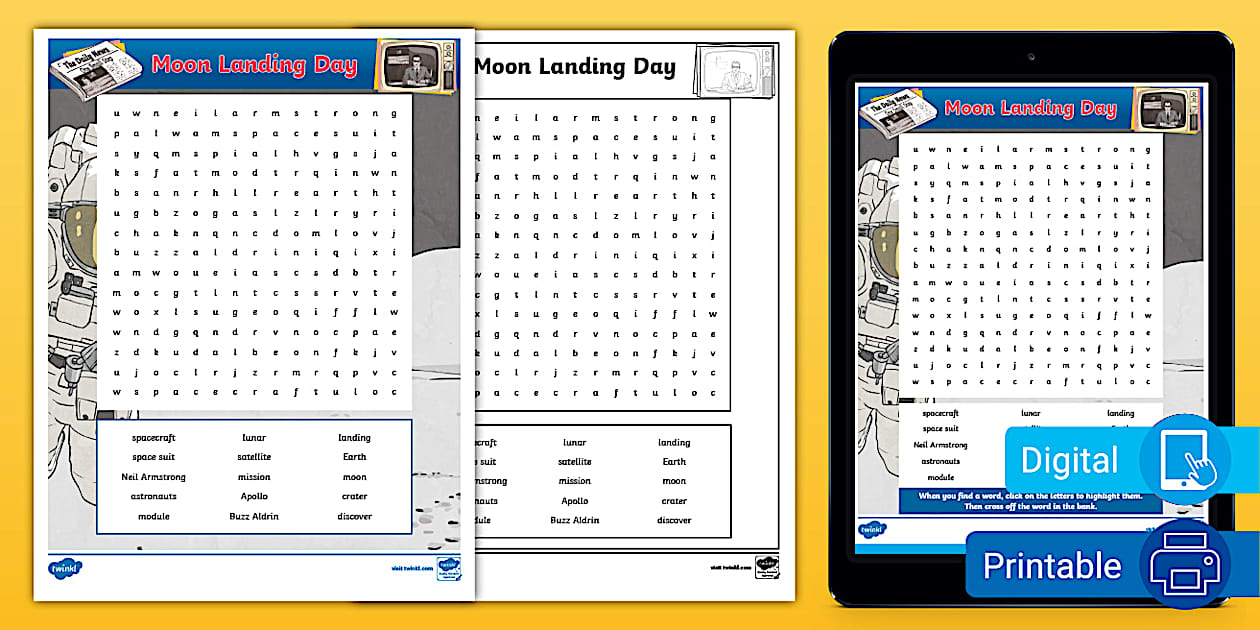 Moon Landing Word Search for 3rd-5th Grade | Twinkl USA