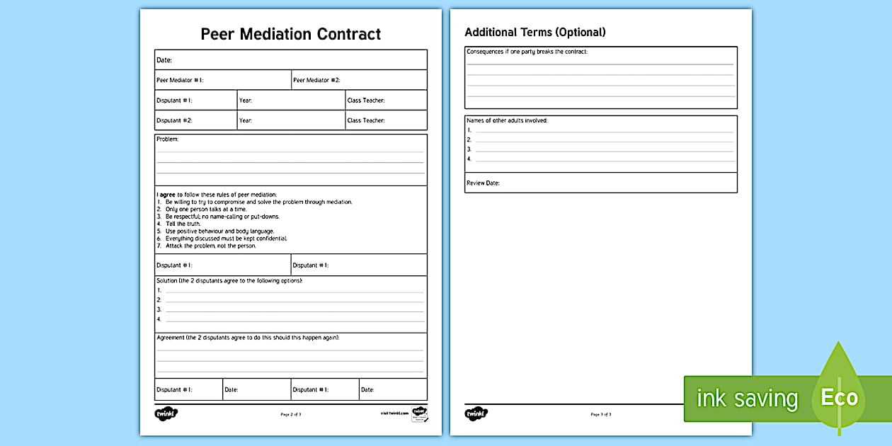 Peer Mediation Contract (teacher made) - Twinkl