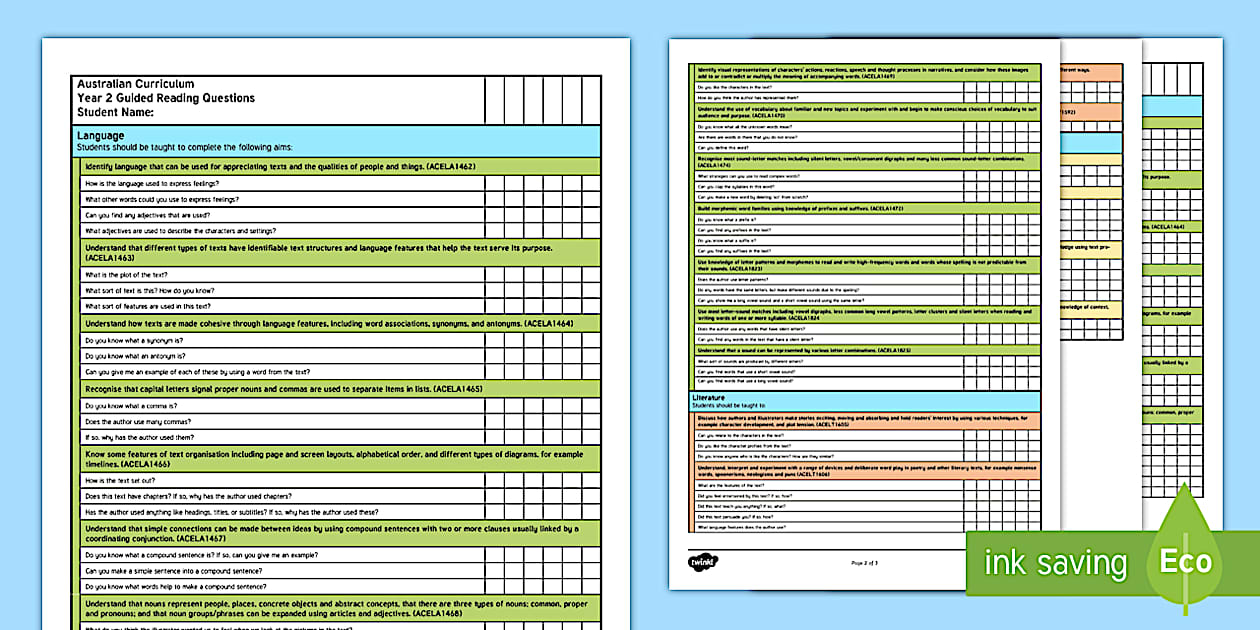 Editable Year 2 Guided Reading Assessment Guidelines Checklist