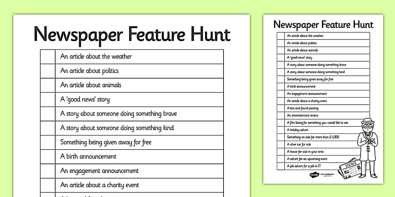 Newspaper Feature Hunt Checklist (teacher made) - Twinkl