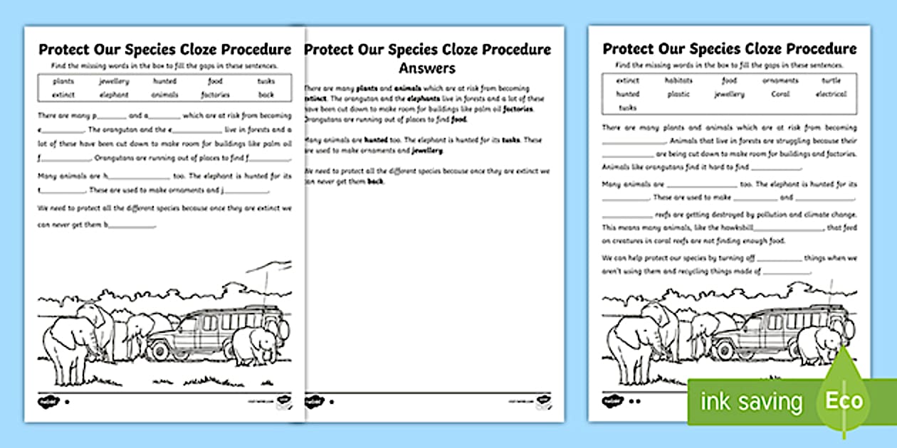KS1 Earth Day Protect Our Species Differentiated Cloze Procedure