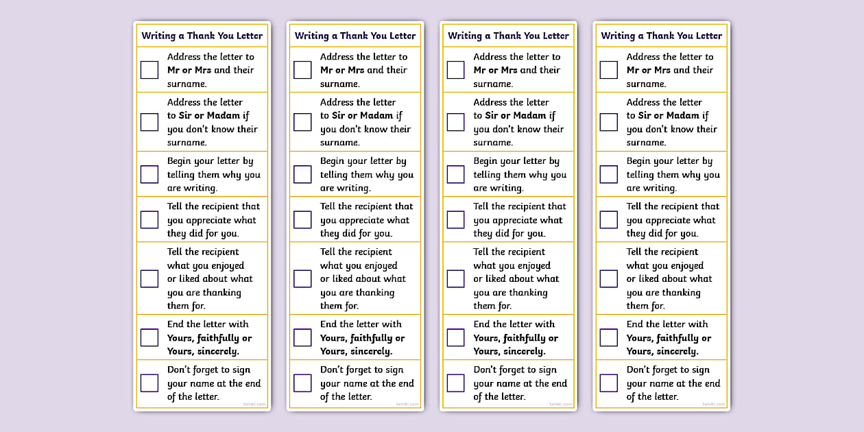 Writing a Thank You Letter Bookmark Checklist