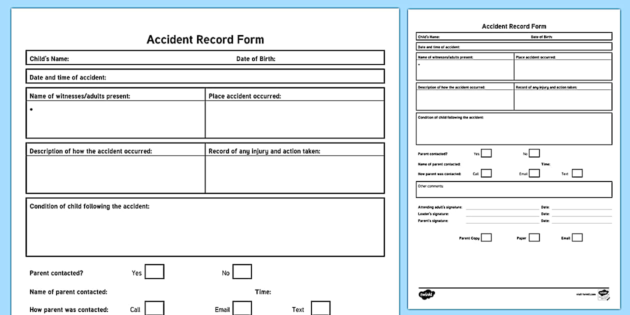 Children's Accident Book Form - School Injuries - Twinkl