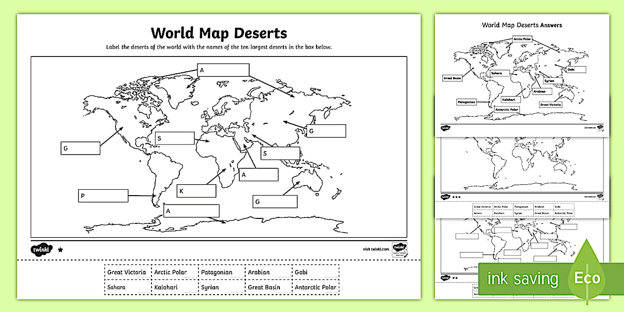 Middle Ability World Map of Deserts Labelling Activity
