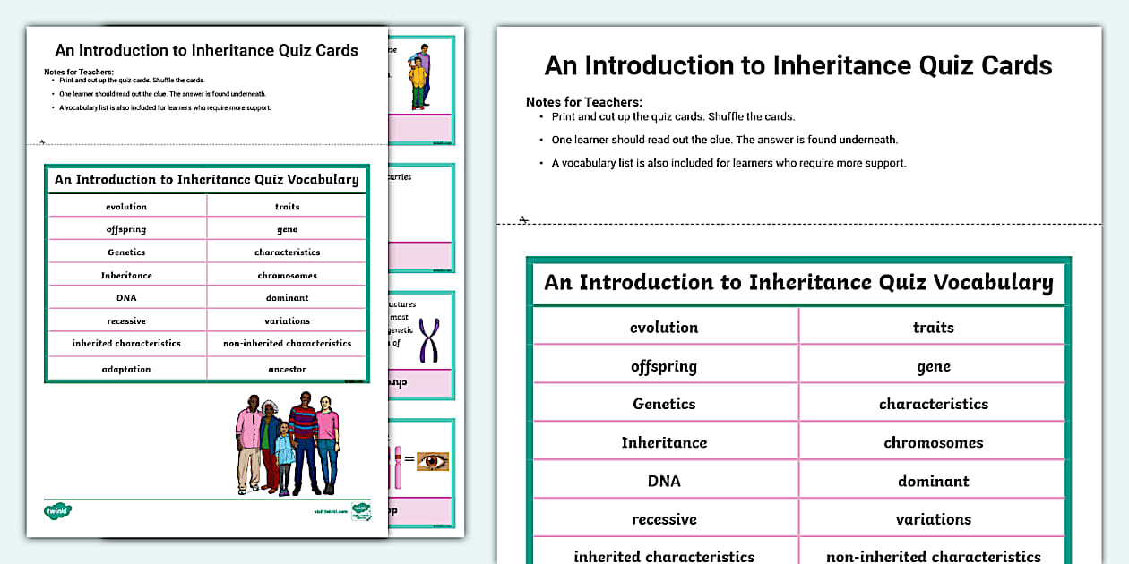 An Introduction to Inheritance Quiz Cards (teacher made)