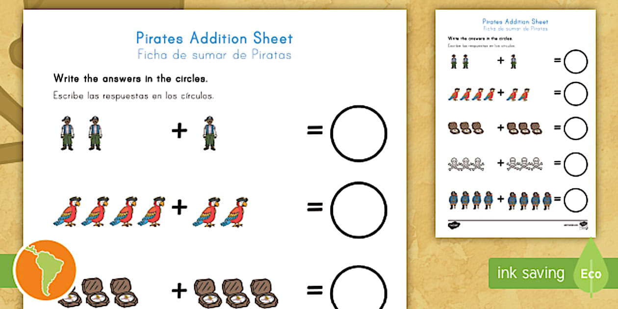 Pirate Addition Sheet English/Spanish - Pirate Addition Sheet