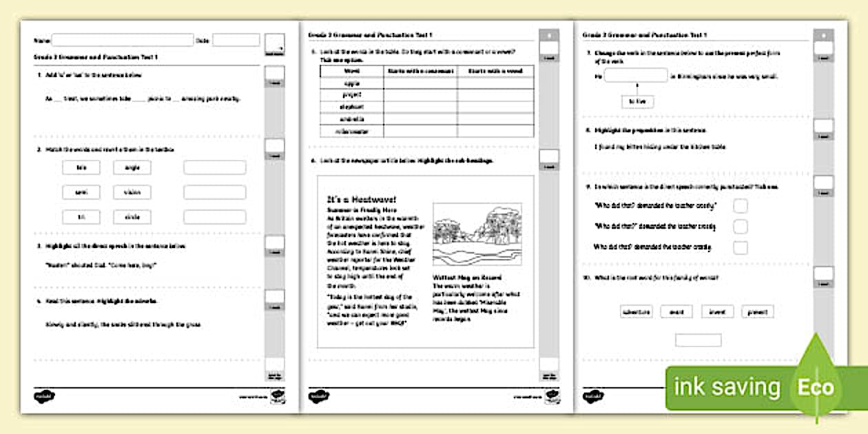 Editable Grade 3 Grammar and Punctuation Test 1 - Twinkl